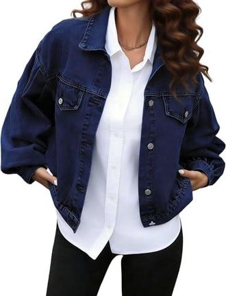 Generic Veste en jean d&eacute;contract&eacute;e &agrave; manches longues avec poches pour femme, noir fonc&eacute;, XS