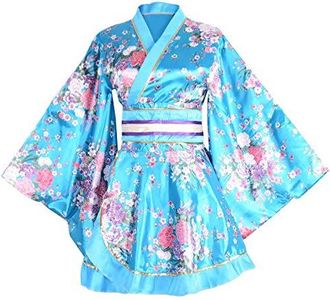 Generic Kimono court sexy pour femme avec ceinture Obi et imprim&eacute; Geisha Yukata, bleu, taille unique