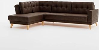 Cavadore Ecksofa Lima mit Ottomane / Couch in L-Form in Wildlederoptik mit Schlaffunktion + Bettkasten / Holzrahmen + Steppung im Rücken / Mikrofaser, Dunkelbr