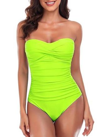 Relleciga Maillot de Bain Une pi&egrave;ce sans Bretelles pour Femme, Vert Fluorescent, Taille XL