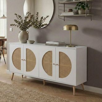 Mendler Sideboard HWC-P49, Schrank Kommode mit T&uuml;ren Anrichte Stauf&auml;cher, Poly-Rattan MDF Melamin 80x160x40cm - wei&szlig;