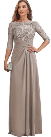 Huini Damen Chiffon Brautmutterkleider Lange Abendkleider Elegant f&uuml;r Hochzeit Spitze Langes Abendkleid mit &Auml;rmeln Korsett Abendkleid Taupe 44