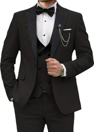 Generic Costume 3 pièces élégant en velours pour homme, coupe ajustée, revers à visière, smoking, veste de dîner, gilet et pantalon, Noir, 7XL