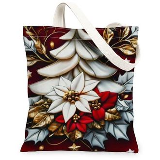 Generic Sacs fourre-tout en toile florale de vacances, sacs d&eacute;picerie r&eacute;utilisables, vintage dhiver, l&eacute;ger, lavable, bandouli&egrave;re Ca, Rouge, 13x15 Inch
