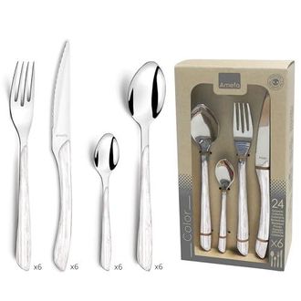 Amefa M&eacute;nag&egrave;re 24 couverts de table pour 6 personnes - Eclat Nature - Acier inoxydable 18/0, Finition Brillante - Bois Blanc