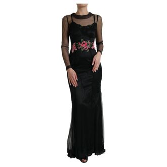 Dolce & Gabbana Schwarzes Blumenbesticktes Mesh-Kleid - - Dresses - Damen - Schwarzk - S