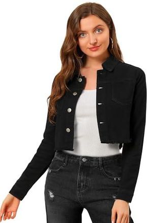 Allegra K Femmes Jean Veste Effiloch&eacute; Boutonn&eacute;e Washed Tondu Denim Veste Noir L