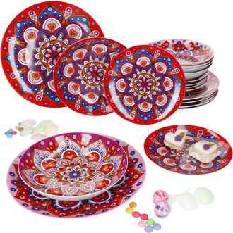 MamboCat Bayram Rosa Rot 18tlg Tellerset Steingut-Geschirr mit orientalischem Mandala-Muster für 6 Personen I 6X Speiseteller, 6X Suppenteller 400ml & 6X Kuche