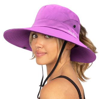 Dreshow Damen Sonnenhut Outdoor UV-Schutz Hut faltbar Mesh breite Krempe Angeln Pferdeschwanz Strand Eimer H&uuml;te