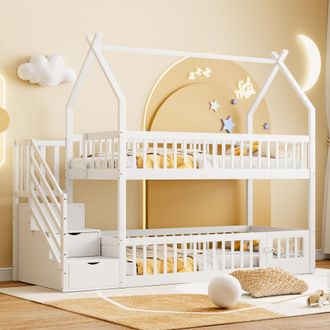 Myboo Etagenbett 90x200, Kinderbett Hochbett f&uuml;r 2 Kinder, Hausbett mit Treppe&Schubladen&Dach&T&uuml;r, Holzbett mit Rausfallschutz&Lattenrost, Bettgestell Juge