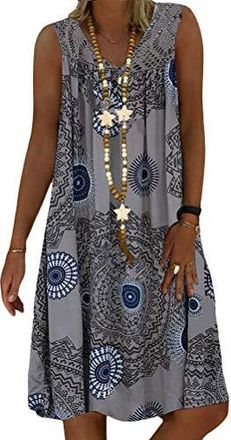 Minetom Robe Été Femme de Plage Rétro Bohême Robes Col V Robes au Genou sans Manches Imprimé Floral Casual Grande Taille Tuniques Ample A Gris XXL