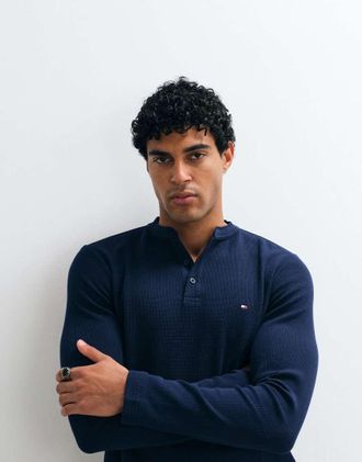 Tommy Hilfiger Langarm-T-Shirt mit Waffelstruktur aus Baumwolle in Marineblau-Navy