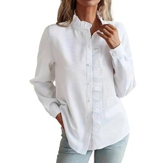Generic Chemisier ample à manches longues avec imprimé rayé et col en V pour femme, blanc, XL