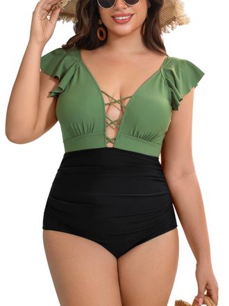 SHEKINI Badeanzug Damen Große Größe V-Ausschnitt Damen Badeanzug Große Größen Bauchweg Badeanzug für Damen Große Größen Rüsche(3XL, Schwarz + Armeegrün)