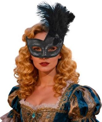Generico Masques v&eacute;nitiens pour danse, carnaval, Halloween, f&ecirc;te &agrave; th&egrave;me, masque v&eacute;nitien avec plume lat&eacute;rale pour femme