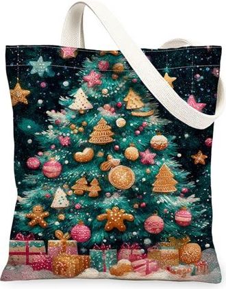Generic Sacs fourre-tout en toile de vacances, motif sapin de Noël festif, sacs de courses réutilisables, confortables, saisonniers, légers et lavables à band