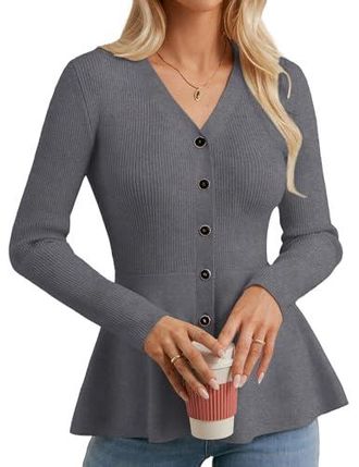 Grace Karin Cardigans pour femme &eacute;l&eacute;gants &agrave; col V, manches longues, avec boutons, coupe ajust&eacute;e, pour lautomne et lhiver, gris, S