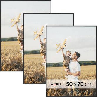 Woltu Bilderrahmen 50x70 cm, 3 Set, Fotorahmen Schwarz, Aluminium, mit Passepartout, zum vertikalen oder horizontalen Aufh&auml;ngen/Aufstellen, f&uuml;r Fotos, Bilde