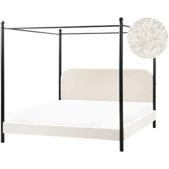 Beliani Himmelbett Cremewei&szlig; Boucl&eacute;-Stoffbezug u. Metall mit Lattenrost 180x200 cm Hohes Kopfteil Modernes Design Doppelbett mit Baldachin Himmel