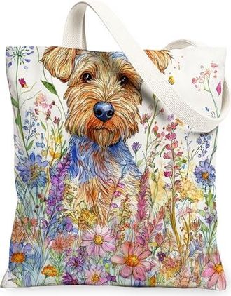 Generic Sac fourre-tout en toile motif chien Airedale Terrier printanier 33 x 38,1 cm, sac d&eacute;picerie r&eacute;utilisable &agrave; motif imprim&eacute; aquarelle pour femme, animal