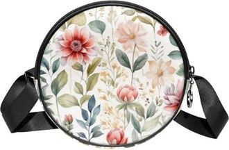 Generic Sac &agrave; bandouli&egrave;re rond pour femme, motif fleurs et feuilles, sac &agrave; dos avec fermeture &eacute;clair, bretelles r&eacute;glables, sac &agrave; main rond d&eacute;contract&eacute; pour fe