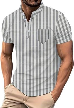 Generic T-shirt ray&eacute; pour homme d&eacute;contract&eacute; et tendance avec bouton et col montant., Cendr&eacute; clair, 3XL