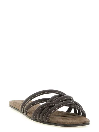 Brunello Cucinelli Womens Brown Lamb Leather Slides Shoe