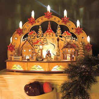 Hellum Hellum LED Schwibbogen Weihnachten aus naturfarbenen Holz, mit Timer, Lichterbogen Weihnachten 45x16x34 cm, Lichterbogen Batterie (3xAA nicht inkls.),