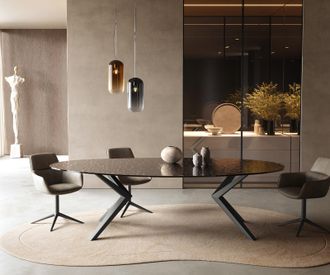 DELIFE Esstisch Edge Oval 280x130 Reliefglas Rauchschwarz 3D-Design Zenthara kantig Metall Schwarz, Esstische