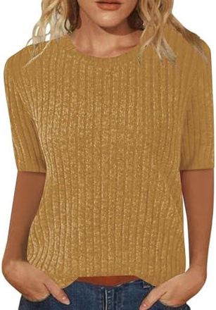 Generic Haut &agrave; col rond pour femme &agrave; manches courtes - Haut d&eacute;t&eacute; en coton tricot&eacute; c&ocirc;tel&eacute; taille fusel&eacute;e T-shirt basique extensible &eacute;paules droites chemise l&eacute;g
