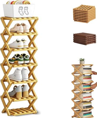Generic The 9-Tier No-Assembly Bamboo Rack, Foldable Vertical Shoe Organizer for Small Spaces, No-Tool Assembly, Foldable Storage Shelf for Shoes, Books & Hom