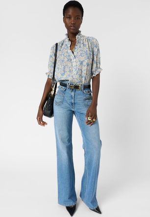 Gerard Darel Blouse &agrave; fleurs et volants en coton - CHAYMA - Bleu ciel