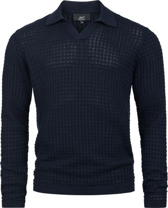 JEFF Herren JFLane Polo Knit Strickpullover mit Polokragen aus 100% Baumwolle | Sweater Feinstrick-Pullover f&uuml;r M&auml;nner Sky Captain, L