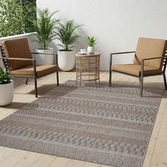 Tapiso Melissa Tapis Ext&eacute;rieur Int&eacute;rieur Terrasse Balcon Salon Cuisine Moderne Beige Fonc&eacute; Mouchet&eacute; Ray&eacute; Aspect Sisal R&eacute;sistant aux Intemp&eacute;ries Oeko-TEX 160 