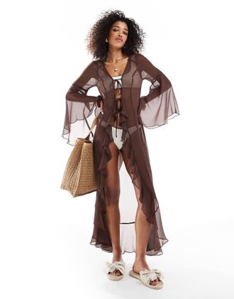 Miss Selfridge Langer Strand-Kimono aus Chiffon in Schokobraun mit Bindedetail vorne