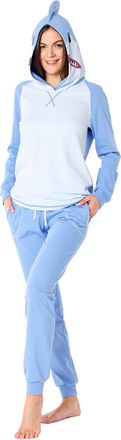 Ladeheid Damen Schlafanzug Zweiteiler Langarm Tierkost&uuml;m bunt Tiermotiv Verkleidung mit Kapuze LA40-238 (Blau Hai, M)