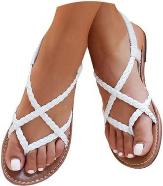 Generic Sandales plates tress&eacute;es pour femme 2026, avec anneau dorteil, bout ouvert, sandales d&eacute;t&eacute; en cuir, confortables et habill&eacute;es, soutien de la vo&ucirc;te plan