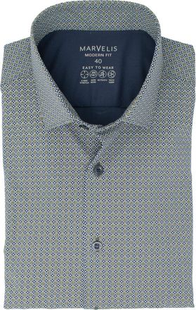 Marvelis Herren Easy to Wear Hemd Modern Fit Kent Kragen Langarm Stretch Muster Marine, Kragenweite:44