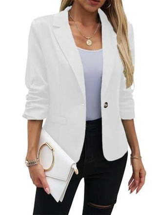 Generic Blazer de travail d&eacute;contract&eacute; &agrave; manches longues avec boutons &agrave; revers et poches pour femme, blanc, XXL