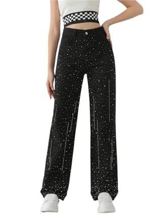 Generic Y2k Jeans Hot Diamond pour femme avec strass Taille haute Droite Jambe large Extensible Bling Denim Pantalon, Noir 3, XXL