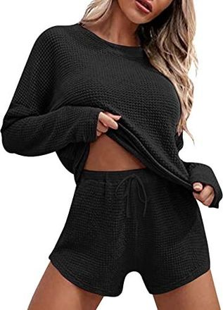 Generic Ensembles de pyjamas pour femmes en tricot gaufr&eacute;, haut &agrave; manches longues et short, ensemble de d&eacute;tente assorti, v&ecirc;tements de nuit grande taille, ense