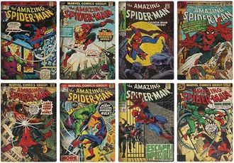 Spider-Man Spiderman Offiziell lizenziertes Comicbuch-Untersetzer-Set, 8 St&uuml;ck, Gamer- und Comic-Serie, Fan-Dekor und Geschenk, nostalgisches Marvel Superhelden-