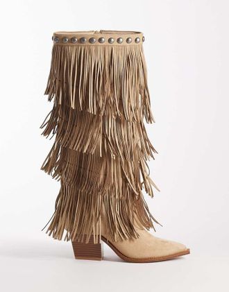 Asos Christine - Bottes montantes &agrave; franges - Sable-Neutre