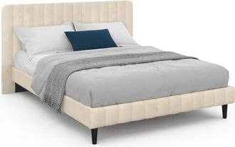 IDMarket Lit Double Annie avec t&ecirc;te de lit et sommier 140 x 190 cm Velours Beige