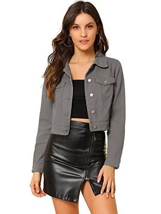 Allegra K Femmes Bouton Cou Manche Longues Basic Décontracté Tondu Denim Jean Veste Gris L