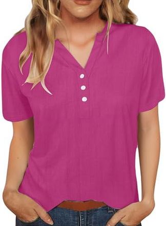 Generic IQYU T-shirt long pour femme - Grandes tailles - Manches courtes - En mousseline - Chemisier surdimensionn&eacute; en lin - Col en V - Couleur unie - Haut d&eacute;