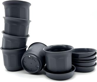 Kimmel 6 Stück Blumentopf 6 cm Pflanztopf mini mit Untersetzer Anzuchtöpfe Kakteentopf Sukkulententopf, Farbe grau