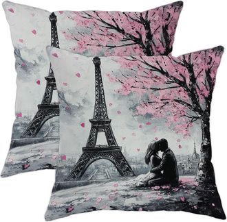 Generic Romantisches Paris, Schwarz-Wei&szlig;er Eiffelturm Mit Pfirsich 2Er Set Kissen Fall Vintage Kissenbezug Dauerhaft Kissenh&uuml;lle F&uuml;r Outdoor Couch Zimmer B&uuml;ro