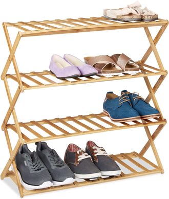Relaxdays faltbares Schuhregal, 4 Ebenen, 12 Paar Schuhe, Zuhause & Camping, Bambus Schuhständer, HBT 68x67x26 cm, Natur