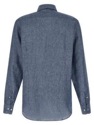 Etro Linen M&eacute;lange with Embroidered Logo Shirt - Blue